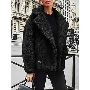 PRETTYGARDEN Womens 2023 Winter Fashion Sherpa Coats Lapel Fleece Jacket Long Sleeve Pockets Faux Fur Dressy Fall Outfits (Black,Small)