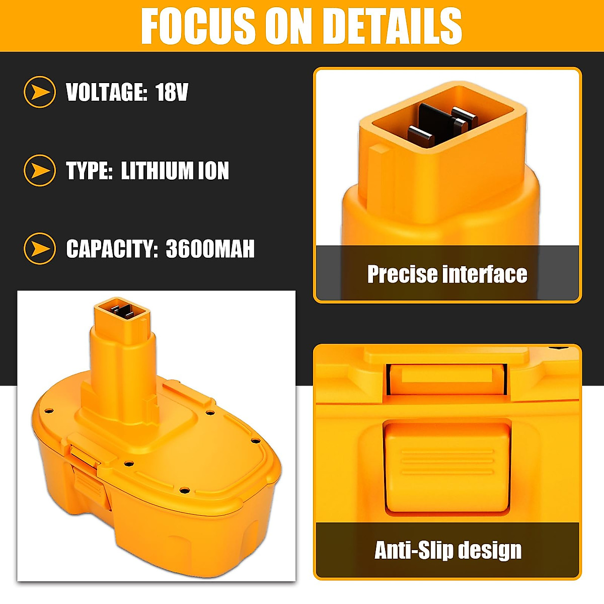 2Pack 18V 3600mAh DC9096 DC9098 Replacement Battery Compatible with Dewalt 18 Volt Battery DC9099 DW9098 DW9099 DW9095 DW9096 DE9039 DE9098 and DC9310 Charger for 7.2-18V Ni-Cad Ni-Mh Battery (Yellow)