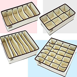 Underwear Sock Drawer Closet Organizer – Set of 4 Collapsible Beige Fabric Foldable Storage Boxes Draw Organizers Divider for Panties Bra Socks Tie Belt Lingerie Clothing Fits Under Bed Drawer Closet