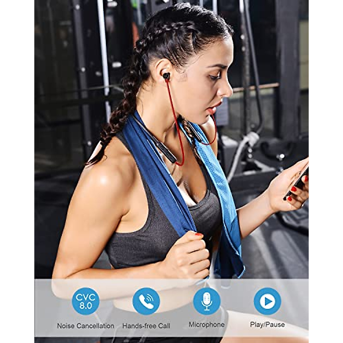 NANAMI Bluetooth Earbuds, 5.0 Bluetooth Wireless Headphones, IPX7 Waterproof, in-Ear Earphones with Mic, Noise Cancelling Headsets, Magnetic Neckband, 15 Hours Playtime for Gym, Sports (Red with Red)