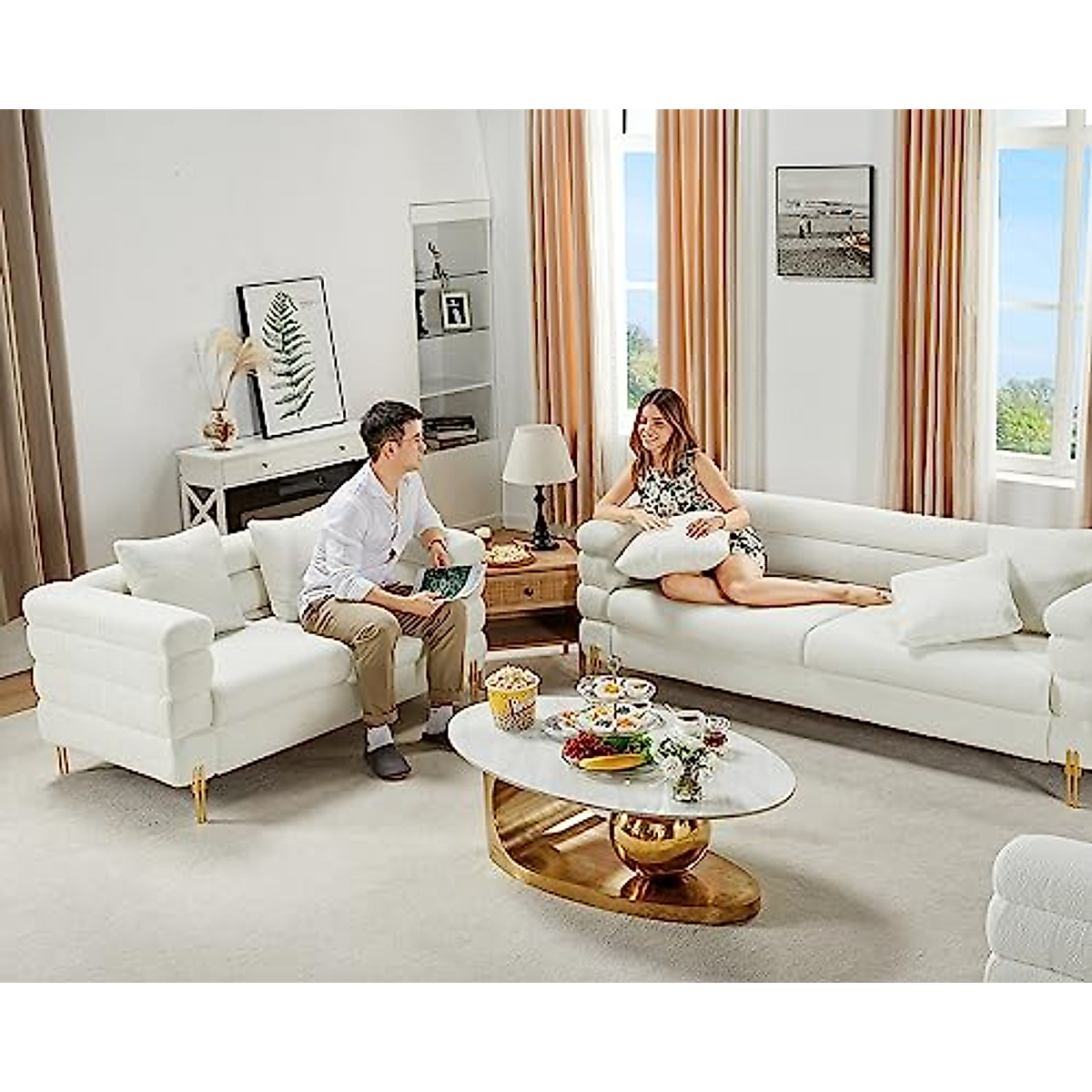 AMERLIFE Loveseat Sofa, 2 Seater Couch- Deep Seat Sofa Couch, Comfy Sofa for Living Room- White Sofa