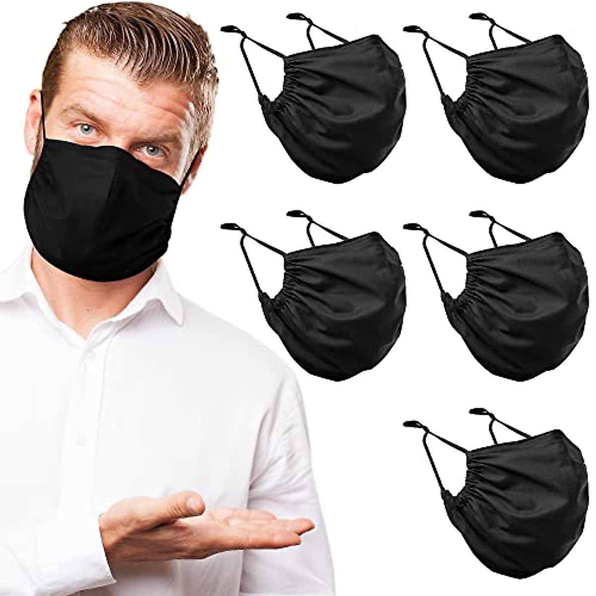 MASHELE 5 Pack Cotton Face Cover for Bearded Men XXL Black 5 Pcs with Nose Wire Adjustable Earloop Washable Reusable Holiday Gift for Indoor and Outdoor Party Activities (Sold as Set) (5, XX-Large)