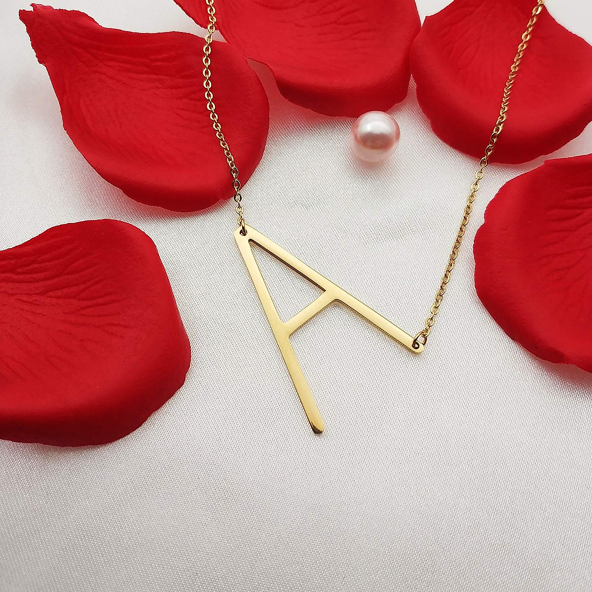 MOMOL Sideways Initial Necklace 18K Gold Plated Stainless Steel Large Big Letters A Pendant Necklace Script Name Monogram Necklaces for Women