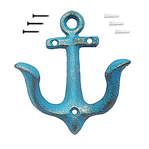KiaoTime (Blue) Vintage Rustic Cast Iron Nautical Anchor Design Wall Hooks Coat Hooks Rack, Decorative Wall Mounted Antique Shabby Chic Metal Home Bathroom Towel Coat Hooks Hanger