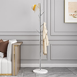 Jolitac Metal Coat Rack Stand Satin Steel Finish Stable Marble Base, High-Grade with Hooks Metal Tree Hat & Coat Hanger Floor Free Standing Wall Bedroom Easy Assembly (Satin Steel)
