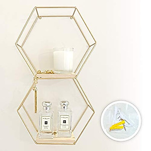 Gold Metal Wire Geometric Hexagon Floating Shelf | Two Brass Colored Vertical Honeycomb Shaped Hanging Wall Shelves | Mid Century Style Vanity Shelf | 16 x 9.25 x 3.75 Inches
