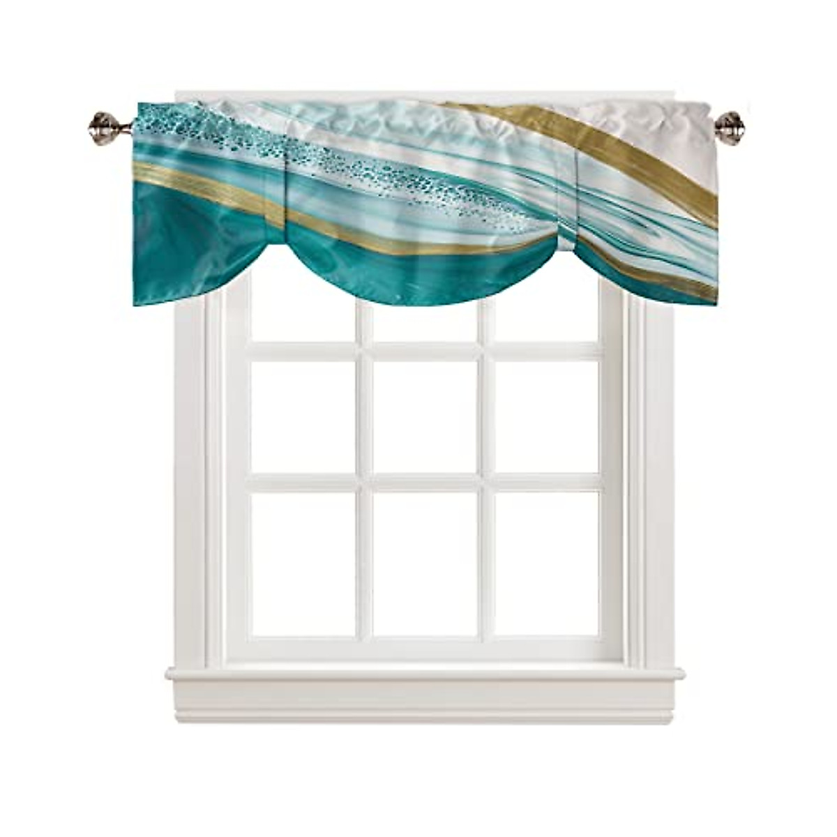 Abstract Tie Up Valance for Kitchen Windows, Turquoise White Gold Marble Texture Tie-up Curtain Shade Valances 42"x12" Rod Pocket Short Curtains Window Treatment for Living Room Stone Fluid Art