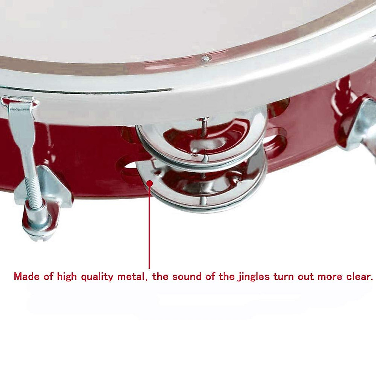 ENNBOM Tambourine Adjustable Tone Hand Drum Double Row Metal Jingles Hand Bell Performance Level Handheld Percussion (Red)