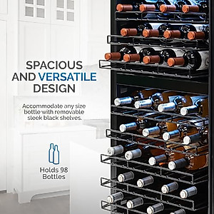 NewAir Freestanding 98 Bottle Dual Zone Compressor Wine Fridge with Low-Vibration Ultra-Quiet Inverter Compressor, Adjustable Racks and Exterior Digital Thermostat