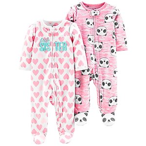 Simple Joys by Carter's Baby Girls' Fleece Footed Sleep and Play, Pack of 2, Pink Heather Panda/White Hearts, 6-9 Months