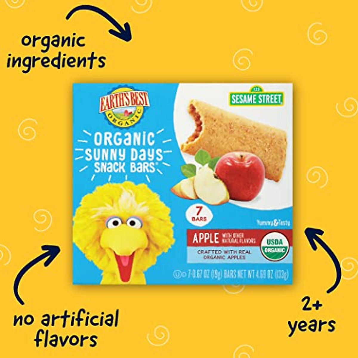 Earth's Best Organic Kids Snacks, Sesame Street Toddler Snacks, Organic Sunny Days Snack Bars for Toddlers 2 Years and Older, Apple with Other Natural Flavors, 7 Bars per Box (Pack of 6)