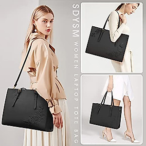 Laptop Bag for Women 15.6 Inch Laptop Tote Bag Leather Waterproof Work Bags Professional Business Office Computer Briefcase Large Capacity Shoulder Bag Black