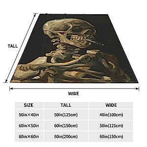 Vincent Van Gogh Painting Throw Blanket Skull of a Skeleton with Burning Cigarette Plush Fleece Flannel Blanket Soft for Sofa Couch Bed Living Room Suitable for All Seasons 60"x50"