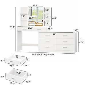 Irontar Vanity Desk with Lighted Mirror and 3-Color LED Strip, Makeup Vanity Table with 8 Drawers & 4 Open Shelves, Side Cabinet with Width Adjustable, Makeup Desk for Women, White WDT011W