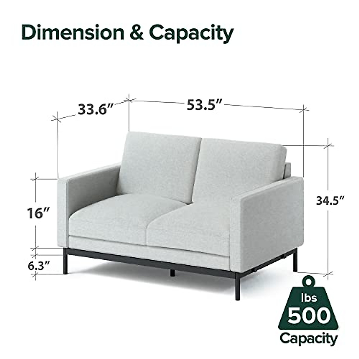ZINUS Logan Loveseat, Green Tea Infused Foam Cushions, Tool-Free, Easy Assembly, Light Grey