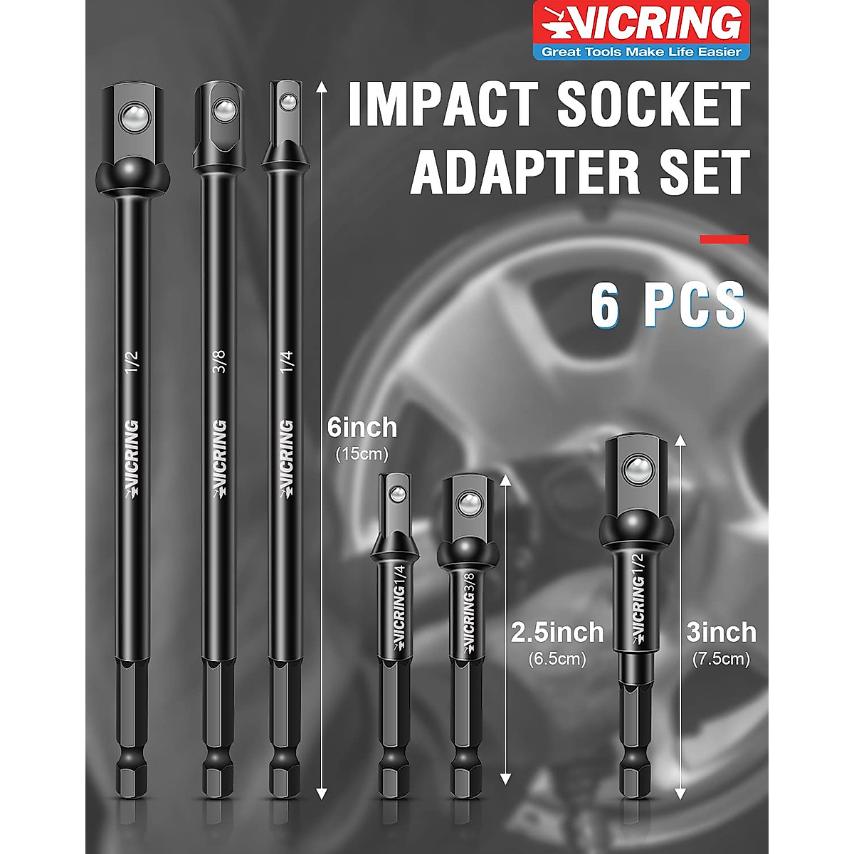Impact Socket Adapter Set Impact Driver Socket Extension Set 1/4 3/8 1/2 Drive Socket Adapter for Drill Hex Shank Socket Driver set Turn Impact Drill Into High Torque Impact Wrench (6Pcs, 3" & 6")