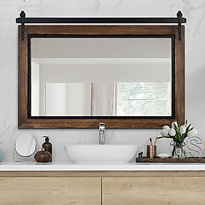 YOSHOOT Farmhouse Barn Door Mirror, 48"x30" Rustic Bathroom Mirror, Wood Frame Wall Mirror, Wooden Mirror for Living Room Bedroom Entryway Wall Décor, Horizontal Hanging ONLY