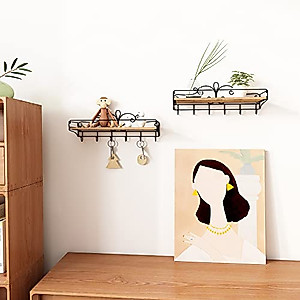 QUTREY Floating Shelves for Wall with Hooks, Metal Scroll Wall Art Decor Shelf for Living Room, Bedroom, Entryway, Bathroom, 2 Packs, Black