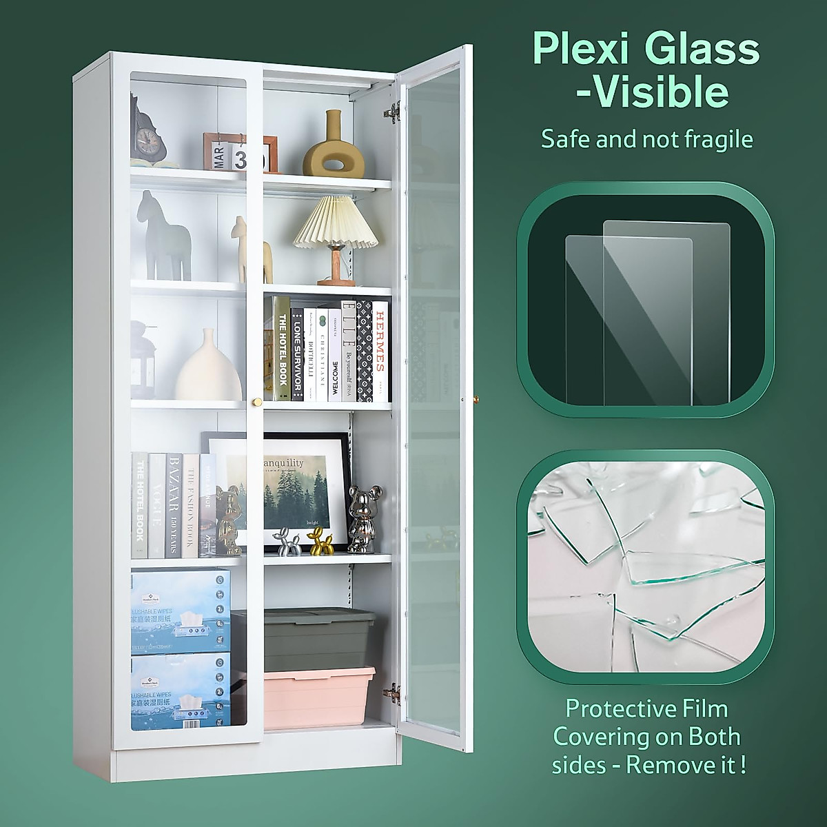 IRONMIX Metal Bookcase with Acrylic Door and Adjustable Shelves, 70.87" H 31.5" W Storage Cabinet 5 Tier, Dust Proof Display Shelf, White