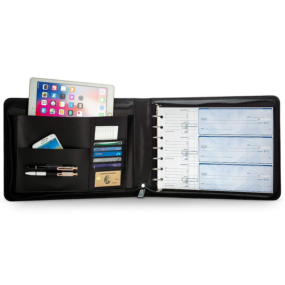 Inkline 7 Ring Check Binder Portfolio -Professional PU Leather Binder with Zippered Closure -500 Check Capacity -9x13 Inch Sheets -Document & Card Organizer - Large Tablet Pocket - Black (80001)