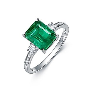 MOLICACI 18K White Gold 2.66 CT Natural Green Emerald Ring, Certified Emerald with Diamonds 5 Stones Engagement Wedding Ring for Women, US Size 7