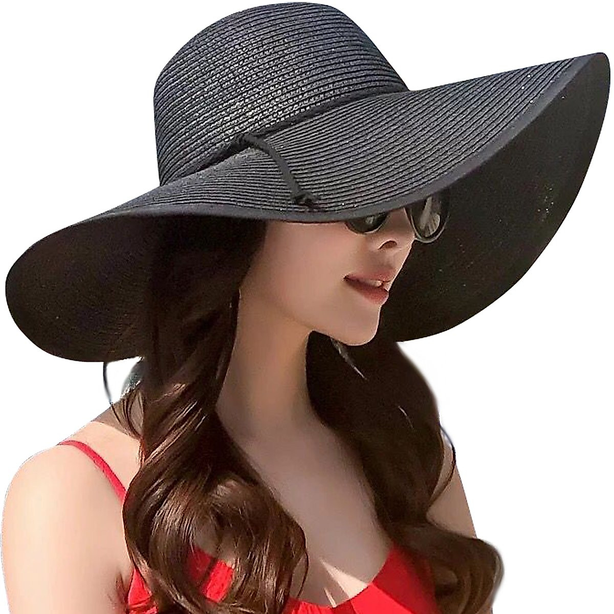 JOYEBUY Women Lady Big Bowknot Straw Hat Floppy Foldable Roll up UV Protection Beach Cap Sun Hat (Style B-Black)