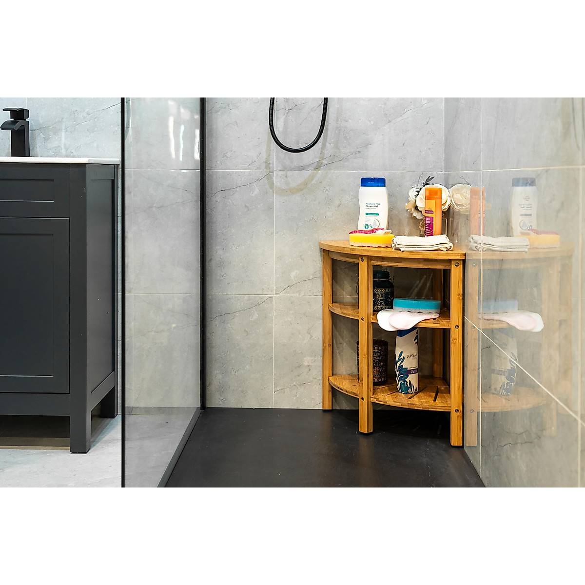 Cosy Kozy Multifunctional 3 Tier Bamboo Waterproof Corner Shower Bench with Storage Shelf - Corner Shower Stool for Inside Shower for Shaving Legs