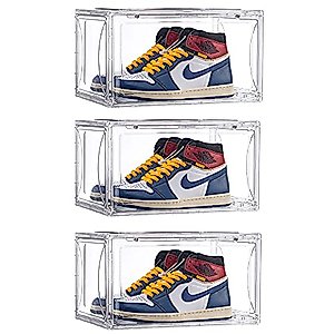 sunkey Shoe Boxes Clear Plastic Stackable Shoe Organizers with Magnetic Side Door for Men Women Sneakers Aj1 Display Large, 3 Pack