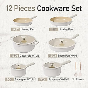 CAROTE Nonstick Pots and Pans Set, 12 Pcs Ceramic Cookware Sets, Healthy Non Stick Induction Cookware Kitchen Granite Cooking Set w/Frying Pans & Saucepan, PFOS, PFOA Free