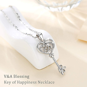 EUDORA Sterling Silver Necklace V&A Bless Key of Happiness Pendant 18 inch, Gift to Friends Women