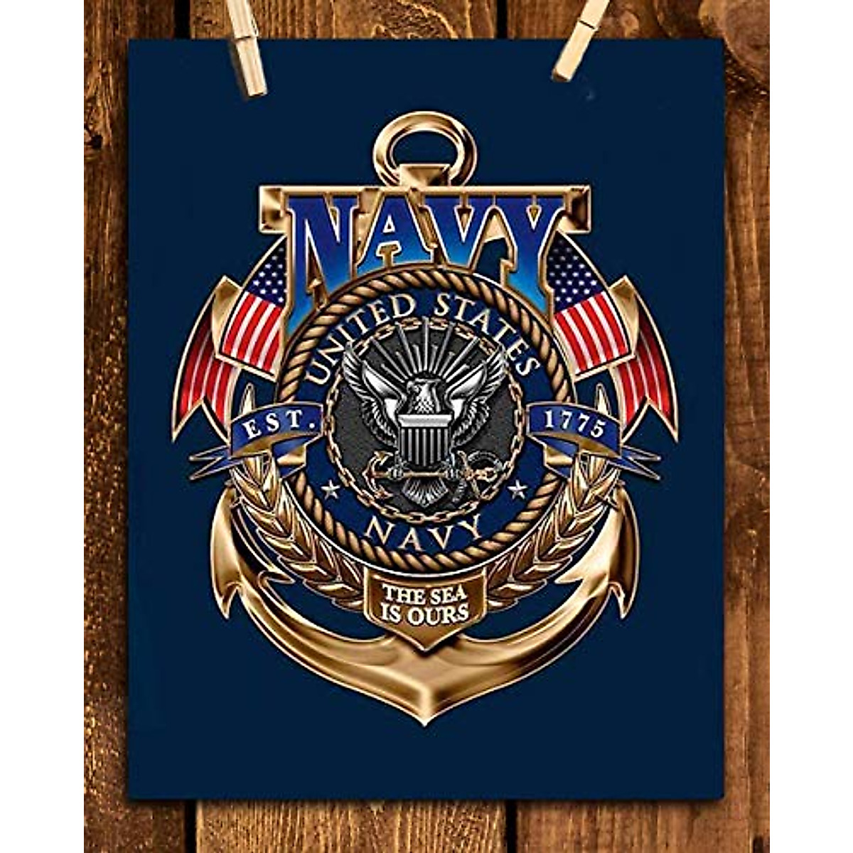 United States Navy-Gold Anchor Crest- 8 x 10"- Naval Wall Art Prints- Ready To Frame-"The Sea is Ours" -Replica Poster Prints. Home-Office-Military Decor. Beautiful Crest-Emblem to Show Navy Pride!