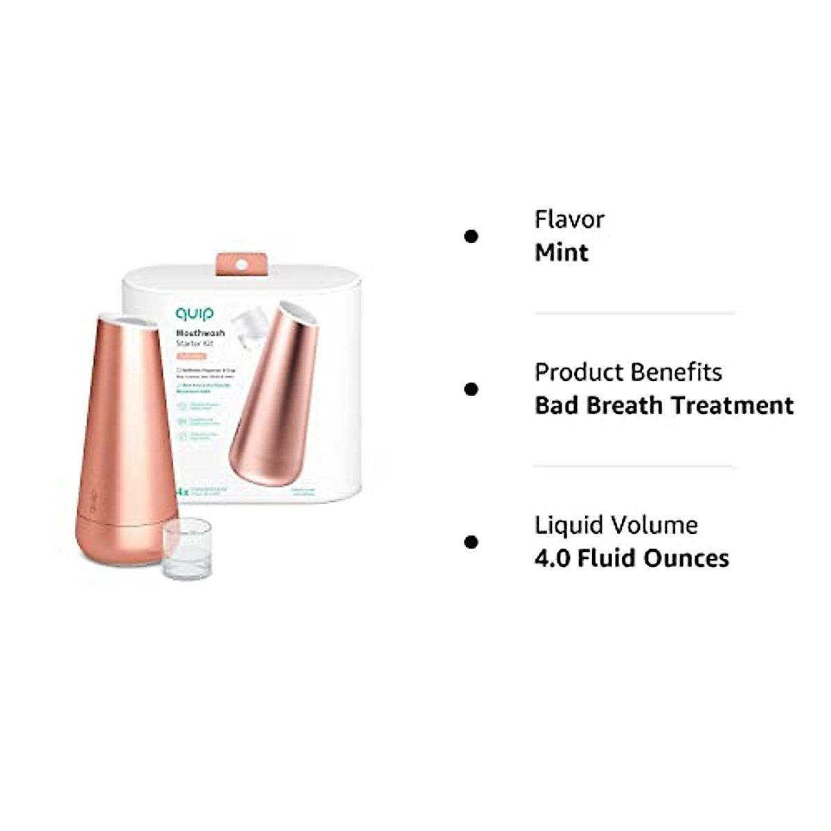 Quip Refillable Mouthwash Starter Kit, 4X Concentrate, Alcohol-Free, Kills Bad Breath Germs, Helps Prevent Cavities, Mint - Copper Metal, 1, 4.0 Fl Oz (920-00116)