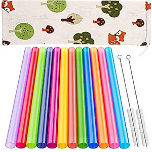 12 Pcs Reusable Smoothie Straws and Boba Straws with 1 Storage Bag and 2 Brushes, 12 Colors 10 Inch Length and 0.51 Inch Outside Diameter Wide Jumbo Straws, BPA Free Food Grade