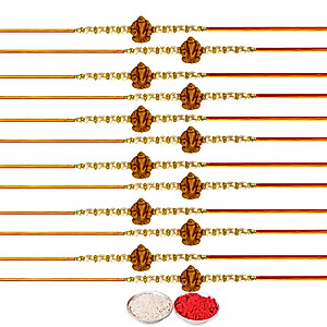 CRAFTONE Set of 12 Ganesha Design Rakhi for Brother, Designer Rakhi Set for Raksha Bandhan, Small Beads and Pearls Rakhi Thread Bhaiya Bhabhi Sister Rakhi Band for Rakshabandhan with Roli Chawal
