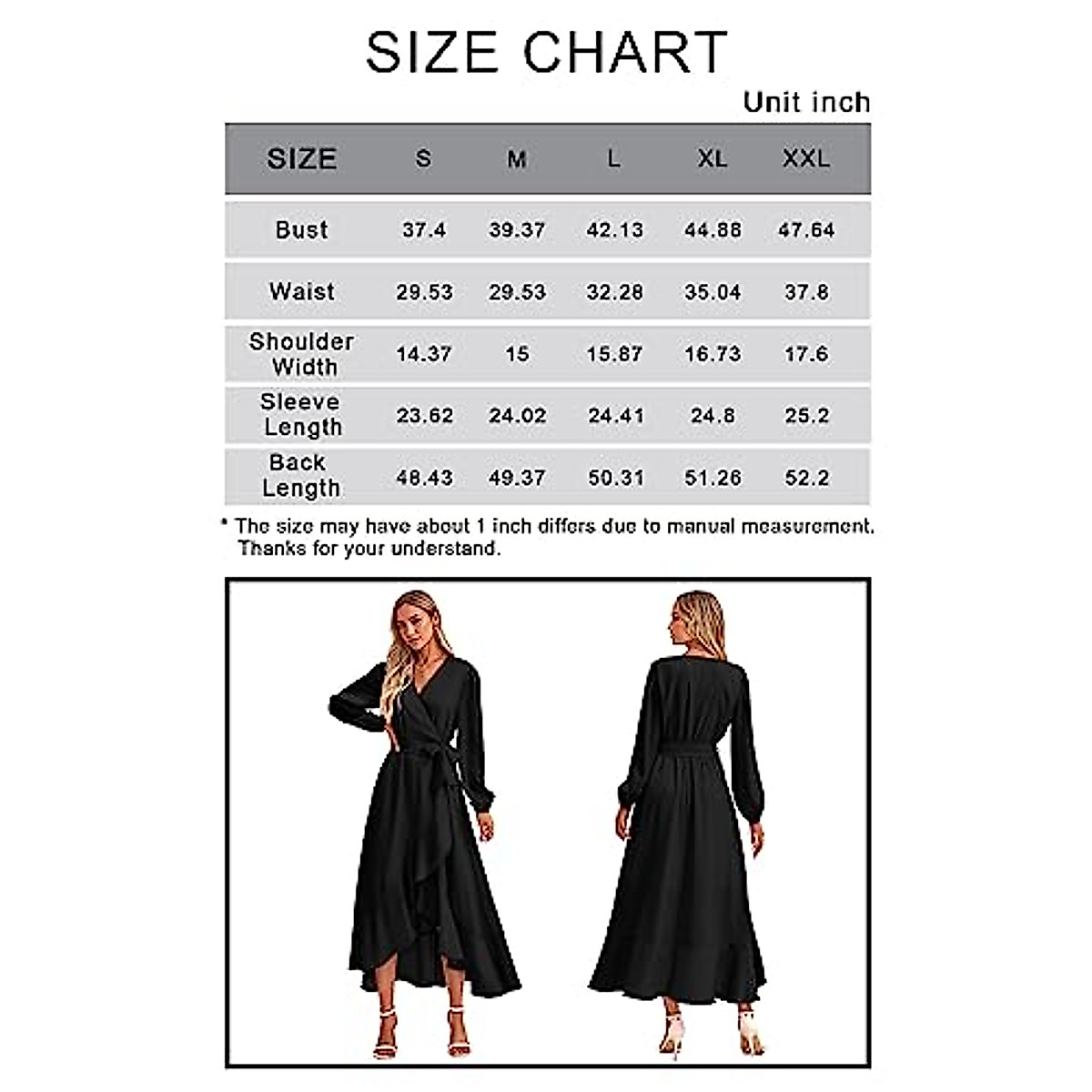 PRETTYGARDEN Women's 2023 Fall Dresses Casual Long Sleeve Wrap V Neck Maxi Dress High Low Wedding Guest Dress Ruffle Hem (Navy,Large)