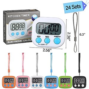 24 Packs Small Digital Kitchen Timer Magnetic Back and Switch Minute Second Count up Countdown Big LCD Display Loud Alarm for Teacher Cooking Baking Kids