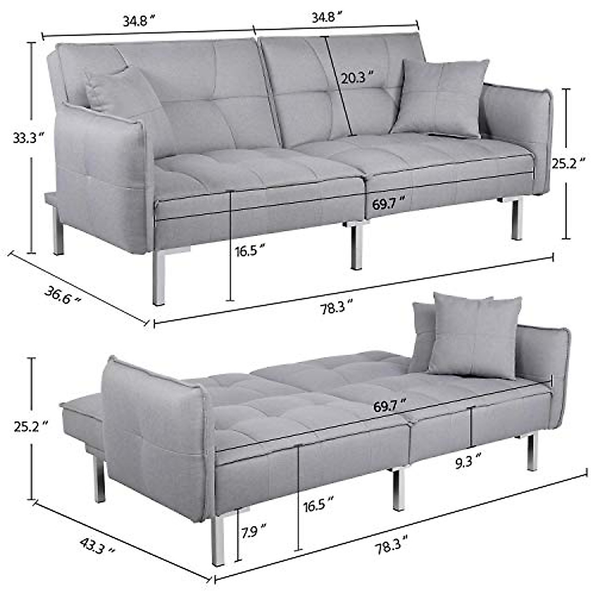Topeakmart Futon Sofa Bed Couch with Fabric Cover Sturdy Metal Frame Adjustable Backrest Sleeper Sofa Easy to Clean Upholstery Versatile Convertible Sofa Comfortable Gray