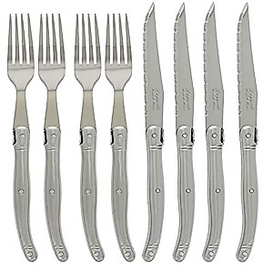 Laguiole 8-Piece Stainless Steel Forks & Steak Knife Set – 4 Steak Knives & 4 Steak Forks Silverware Set – Smooth Cut Serrated Knife Blade – Dishwasher Safe, Luxurious Steak Knives and Fork Set