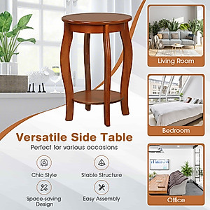 GOFLAME 2-Tier Round End Table Set of 2, Modern Sofa Side Table with Storage Shelf, Solid Wood Legs, Compact Accent Table, Nightstand for Living Room, Bedroom, Small Space, Walnut