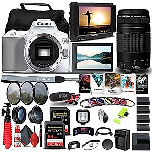 Canon EOS 250D / Rebel SL3 DSLR Camera (Body Only) + (White) Canon EF 75-300mm f/4-5.6 III Lens (6473A003) + 4K Monitor + Pro Mic + 2 x 64GB Memory Card + Color Filter Kit + More (Renewed)