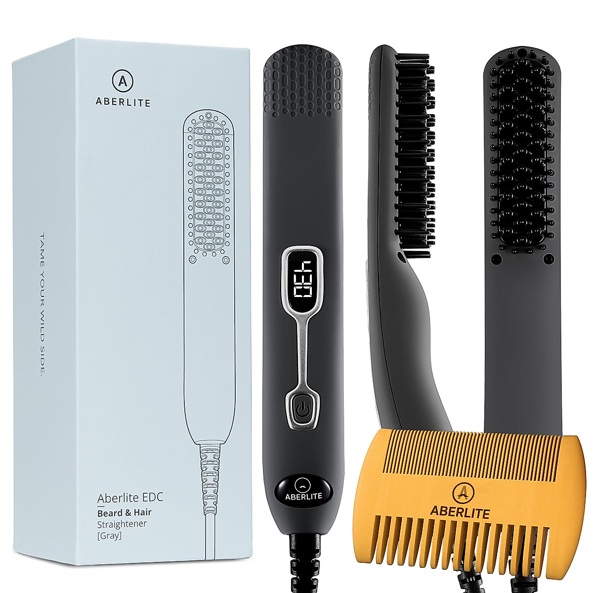 Aberlite EDC - Premium Beard Straightener Brush for Men - Professional Straightening Tool Heated Comb - Beard Kits for Men - Beard Kits Gift Sets Men - Beard Grooming Kit for Men Gift Set (Grey)