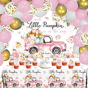 Little Pumpkin Baby Shower Decorations for Girl|, A Sweet Little Pumpkin Is on the Way Pink Backdrop Balloon Garland Kit for Fall Autumn Thanksgiving Baby Shower Background Party Supplies