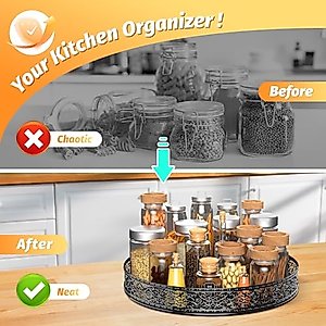 Black Lazy Susan Turntable for Table, Lazy Susan Organizer for Cabinet, Lazy Susan Spice Rack, Lazy Susan for Dining Table, Countertop, Cabinet, Makeup, Bathroom, Pantry (12IN-Branch-Black)