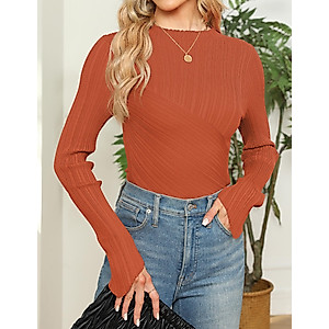 HAEOF Womens 2023 Fall Lightweight Sweaters Long Sleeve Thermal T Shirts Trendy Ribbed Fitted Dressy Casual Tops(RustRed, M)