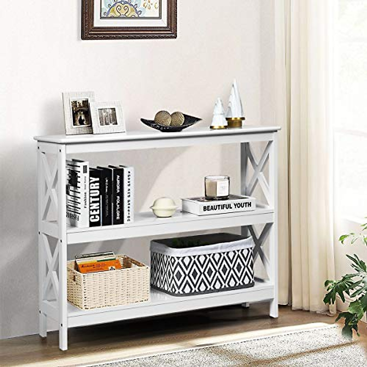 Giantex 3-Tier Narrow Console Table, Rustic Sofa Table with Storage Shelf, X-Design Bookshelf, Skinny Foyer Table, Behind Couch Table, Entryway Table for Hallway Living Room, Entry Table, White