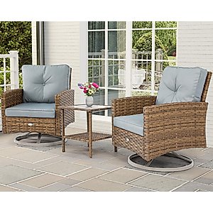 YITAHOME 3 Pieces Patio Furniture Outdoor Rocking Chair Bistro Set, Wicker Rocking Conversation Chairs with Cushions and Side Table for Garden, Backyard and Balcony, Tan Chairs and Dark Gray Cushions
