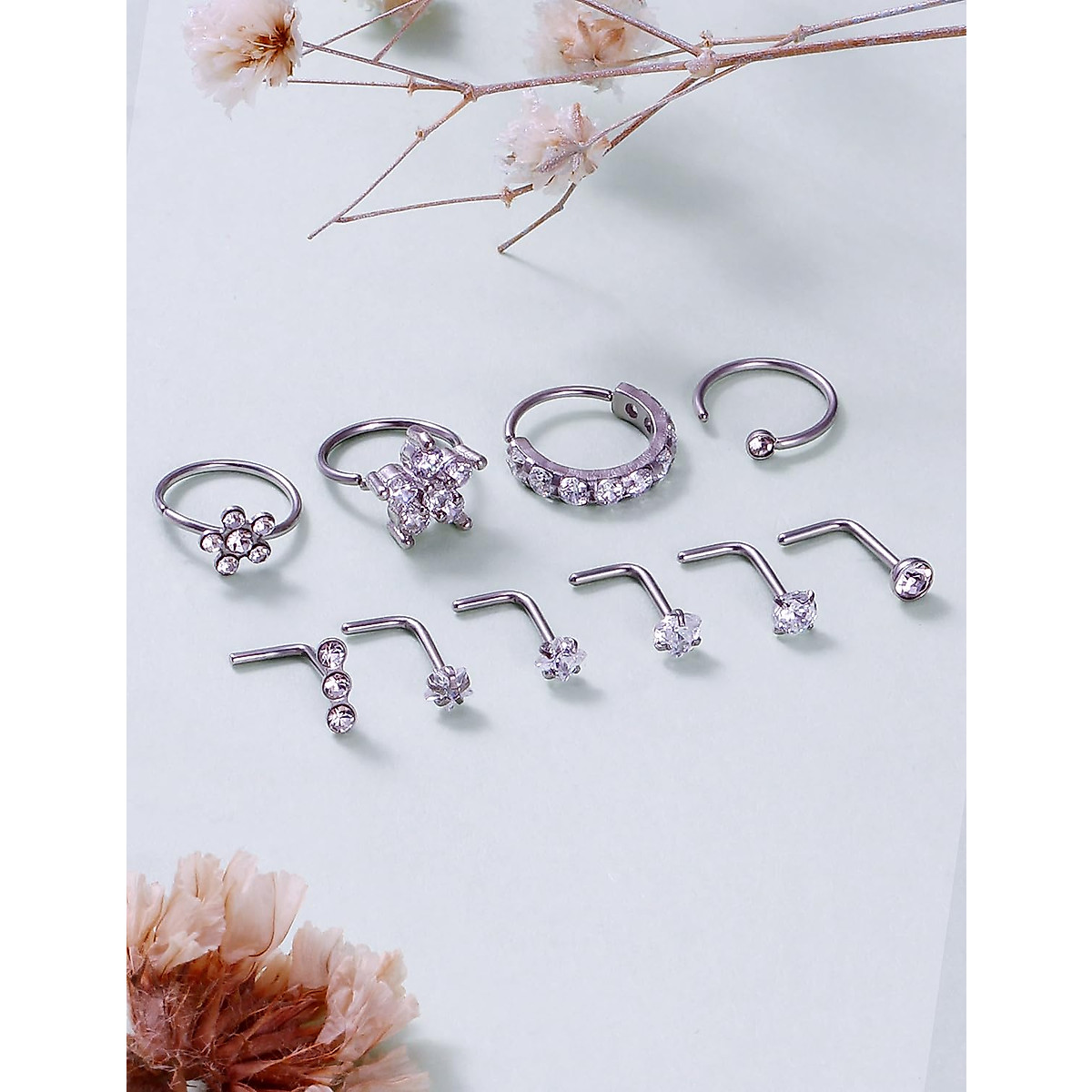 Ftovosyo 20G Surgical Steel Nose Rings Hoop for Women Men, Paved CZ Flower Piercing Jewelry L Shaped Nose Ring Stud Set