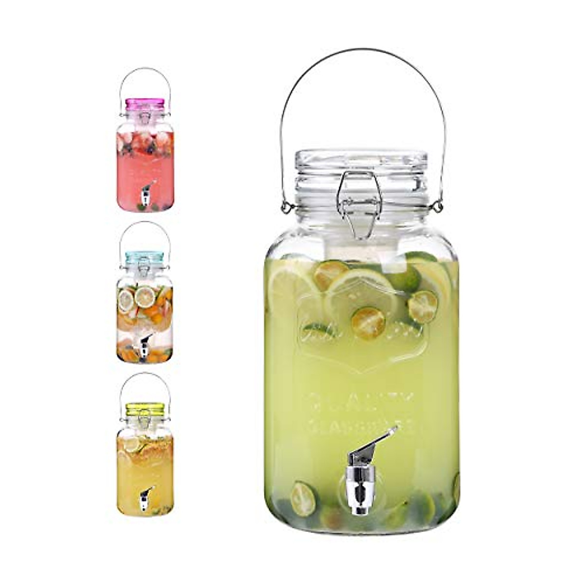 Emica Home 1 Gallon Cold Drink Glass Beverage Dispenser with Ice Infuser, Clear Bail & Trigger with Locking Clamp Drink Dispenser with Easy Flow Spigot for Outdoor, Parties and Daily Use