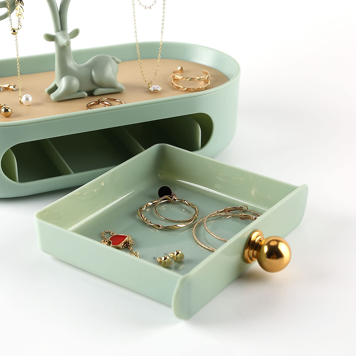 MORE&LESS Antlers Jewelry Display Stand with Aluminium alloy handle, Tree Tower Rack Hanging Organizer for Ring Earrings Necklace Bracelet, Deer Horn Tree Stand with Storage Drawer and Tray