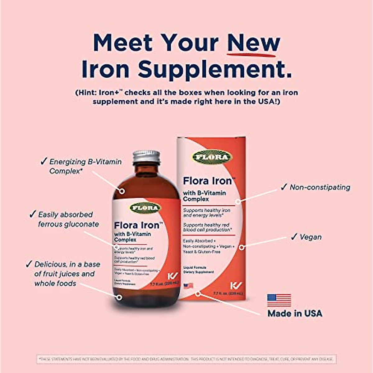 Flora Iron with B-Vitamin Complex - Helps Maintain Healthy Iron Levels - Non-Constipating, Highly Absorbable - Vitamin-B & Liquid Iron - Vegan Supplement - Yeast & Gluten Free, 7.7-oz. Glass Bottle